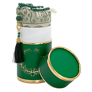 Prien Muslim Prayer Rug, Prayer Beads, Figured Cylinder Gift Box, Muslim Set Pearl Tasbih, Sajadah, Elegant Islamic Gifts, Soft Praying Mats, Light Prayer Carpet Mat, Taffeta Fabric (Green)