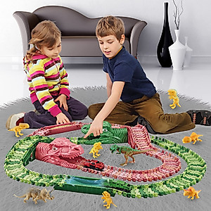 Dinosaur Toys for Kids Green and Pink Double Dinosaur Tracks Race Car Create Flexible Tracks Dinosaue World Playset 284 pcs for Gifts