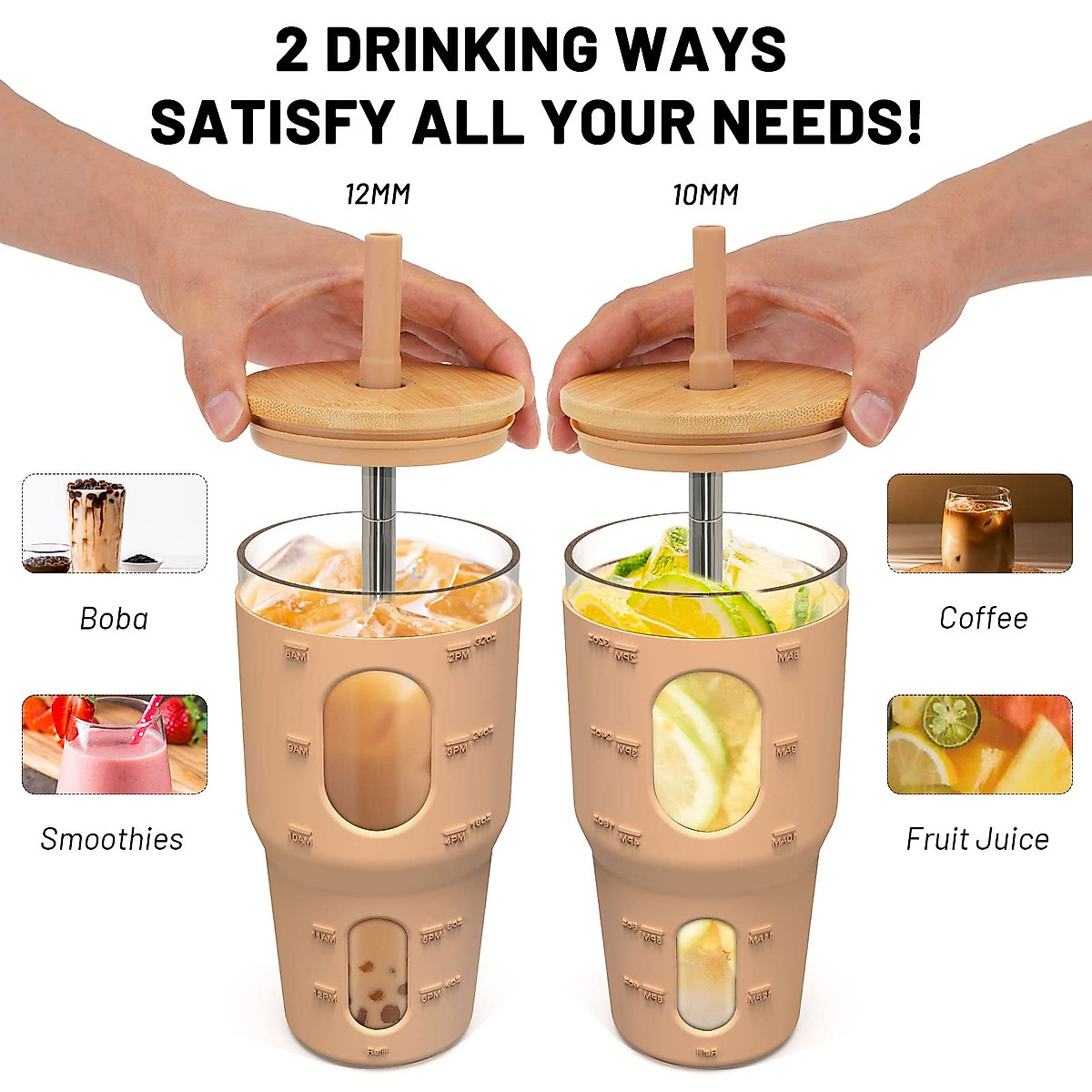 Tronco 32 oz Glass Tumbler with Straw and Lid - Reusable Drinking Glass Cup with Time Marker, Silicone Sleeve - Ideal for Boba, Smoothies, Tea and Iced Coffee Fits Cup Holder- BPA Free,Pink