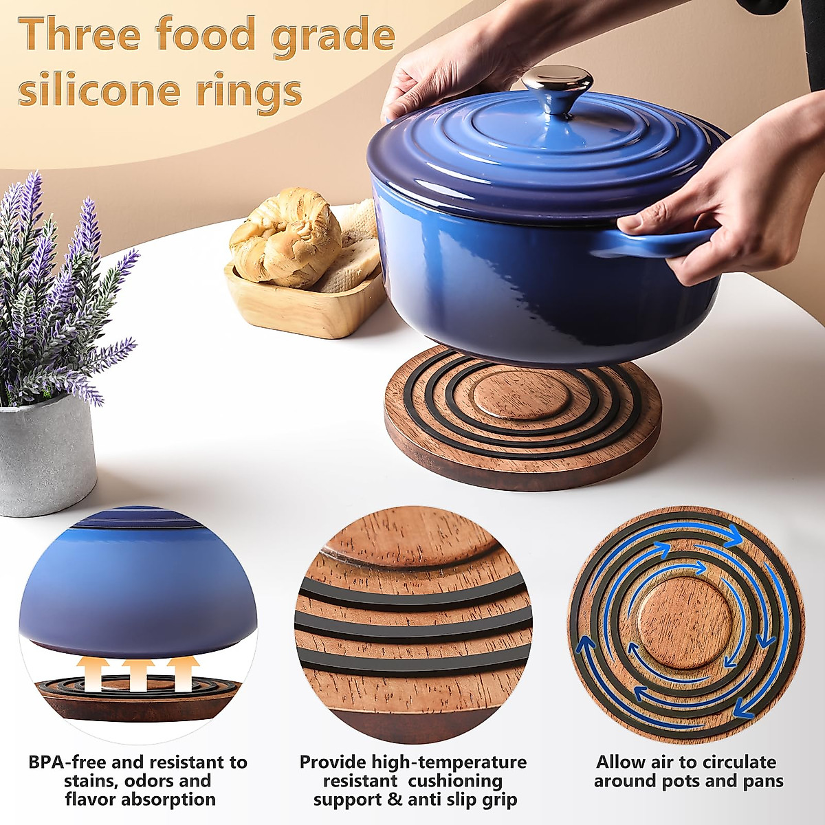 Magnetic Wooden Trivet for le creuset Dutch Oven, Acacia Wood with Black Silicone Rings, Magnetic Pot Holder Stand Pad for le creuset Enameled Cast Iron Dutch Oven&Cast Iron Skillets etc, Wood Trivet