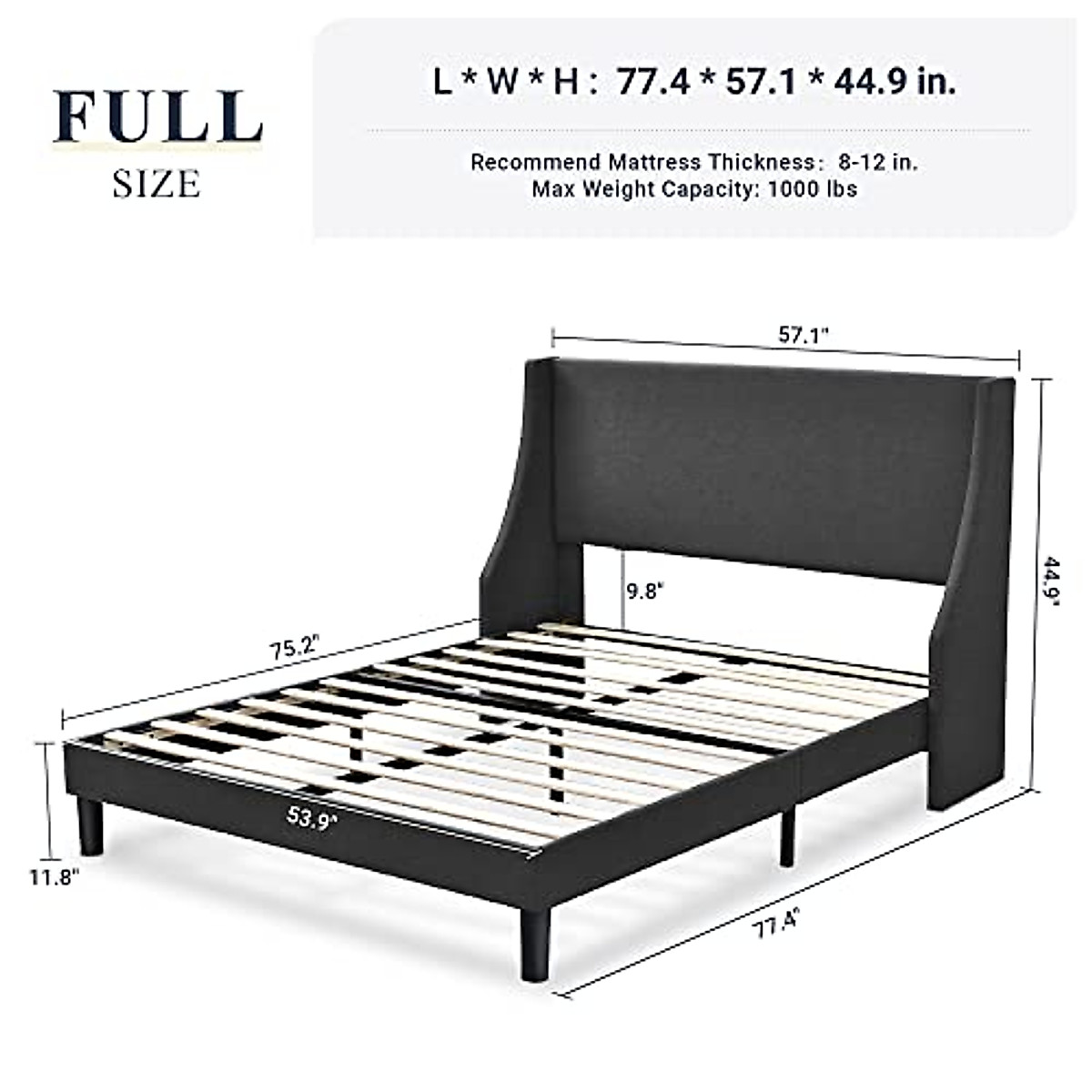 Allewie Full Size Bed Frame, Platform Bed Frame with Upholstered Headboard, Modern Deluxe Wingback, Wood Slat Support, Mattress Foundation, Dark Grey