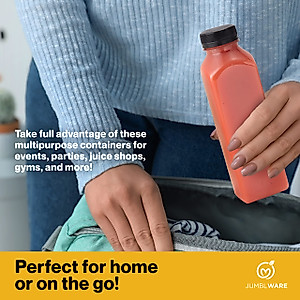 JumblWare Juice Bottles 20 Clear Plastic 16oz Reusable Bottles w/Funnel, Cleaning Brush, & Labels for Work, Gym, Home, & Catered Events Recyclable, Disposable, Shatterproof, BPA-Free Made in USA