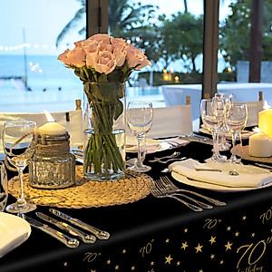 Gatherfun 70th Birthday Disposable Tablecloth 4 Pack Gold and Black Waterproof Plastic Table Cover for Men Woman 70 Birthday Party Decorations