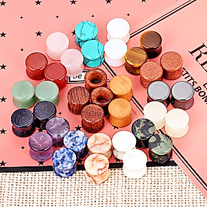 Longbeauty Wood Mixed Stone Plugs 18 Pairs/36 Pcs Double Flared Saddle Gauges Tunnels Expander Piercing Set (Gauge=10mm(00g))