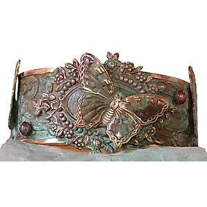 Elaine Coyne Collectible Artwear Verdigris Patina Victorian Butterfly Motif Cuff Bracelet - Amethyst, Carnelian - USA Made