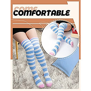 MOGGEI Womens Thigh High Fuzzy Socks Over Knee High Striped Stocking Stuffers Fluffy Cozy Slipper Fleece Gift Socks 2 Pairs (Blue & White Striped)
