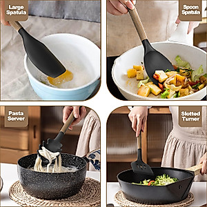 Silicone Kitchen Cooking Utensil Set, 9Pcs Kitchen Utensils Spatula Set with Wooden Handle for Nonstick Cookware, 446°F Heat Resistant Silicone Kitchen Gadgets Utensil Set with Large Holder（Black）