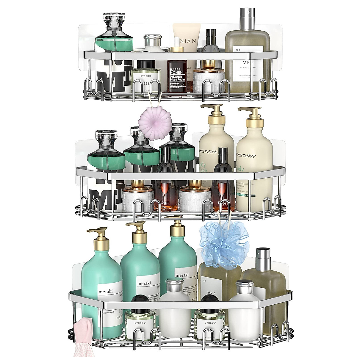 STEUGO Corner Shower Caddy, Shower Organizer Corner Shower Shelf with 12 Hooks,3-Pack Adhesive Stainless Steel Shower Shelves for Bathroom Storage，No Drilling Wall Mounted Shower Rack (Silver)