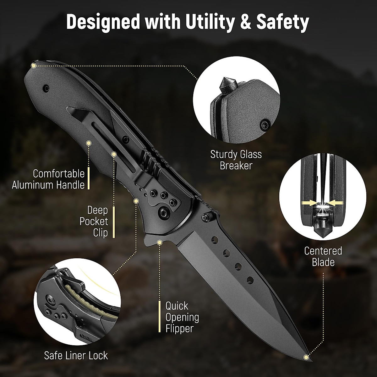 KEXMO Pocket Folding Knife - 3.46" Sharp Blade Tactical Pocket Knife with Clip, Glass Breaker - EDC Knives for Men Dad Women Hunting Survival Camping Fishing Hiking, Black
