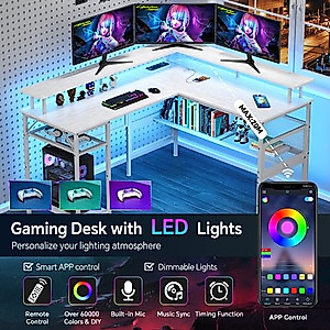 FEMOND L-Shaped Gaming Desk with LED Lights, Modern White Computer Desk, 55 Inch, 3 Shelves, 1 Adjustable Shelf, Perfect for Home Office, Gaming Setup, and Small Places