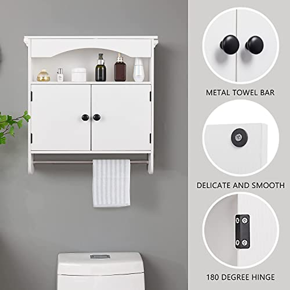 GREATMEET Wood Bathroom Cabinet with Towels Bar and 2 Shelves, Wood Towel Cabinet with 2 Doors, Medicine Wall Mounted Cabinets for Bathroom, Laundry Room, Kitchen, White
