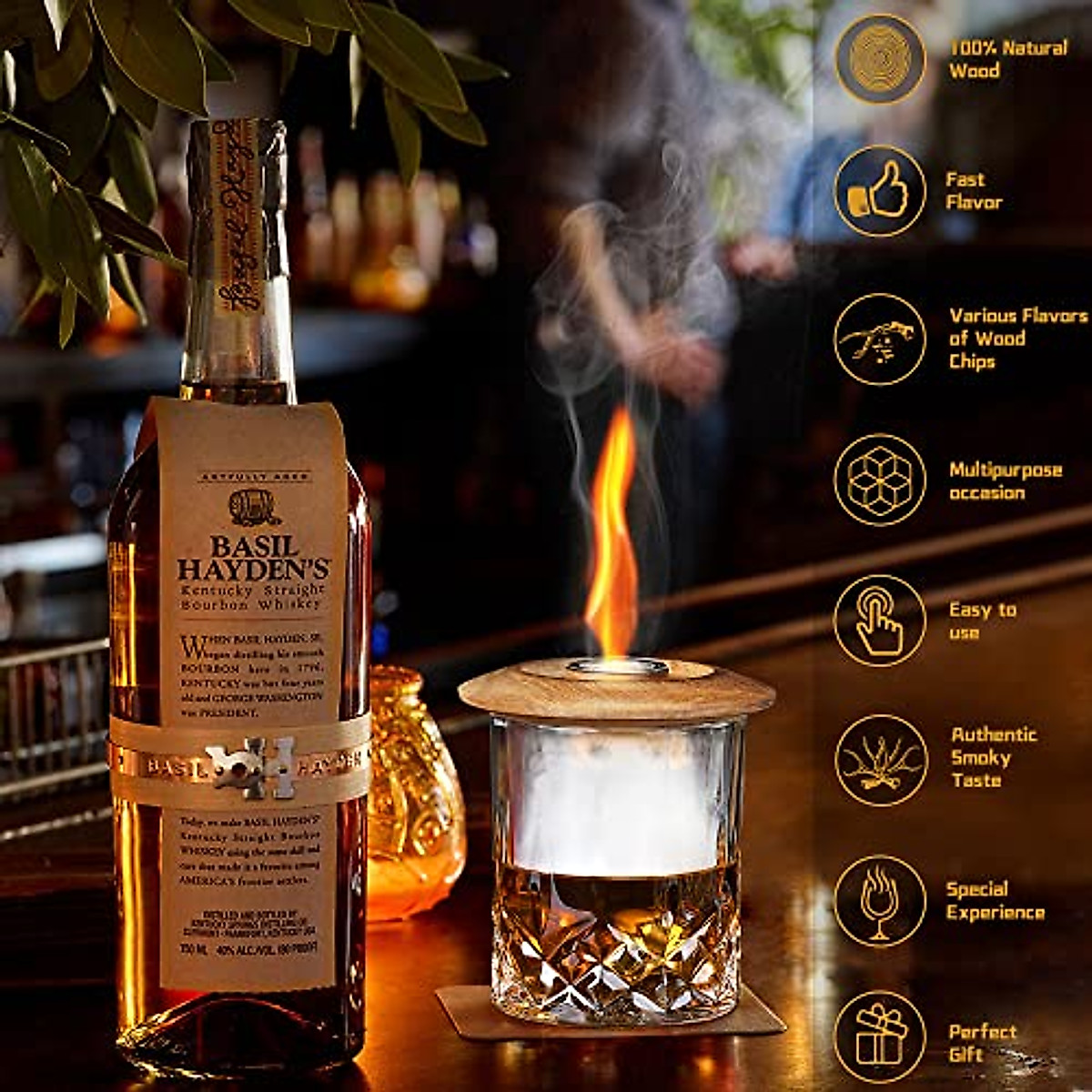 Cocktail Smoker Kit with Wood Chips - Old Fashioned Chimney Drink Smoker Set for Infuse Cocktails, Whiskey & Bourbon, Ideal Gifts for Men, Boyfriend, Husband, Dad