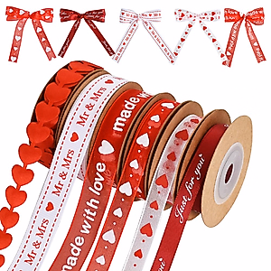 6 Rolls Valentine's Day Ribbon Set Organza Love Heart Printed Grosgrain Satin Ribbon for Wreaths Bows DIY, Gift Wrapping, Wreath, Wedding Decorations on Valentine's Day (98.4 Ft ，33Yards)
