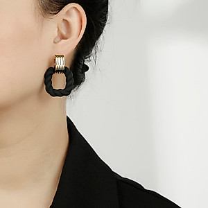 RUOFFETA Rectangle Earrings for Women, Acrylic Square Earrings Twisted Geometric Statement Earrings(Black Gold)