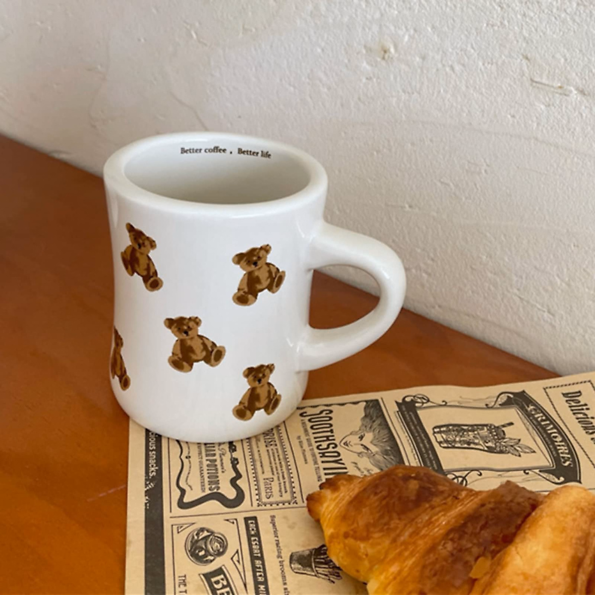 Heardbeli Women Girls Creamy White Cartoon Bear Mugs Ceramic Coffee Mug Water Cup 350ML/12OZ. Cute Funny Novelty Gift