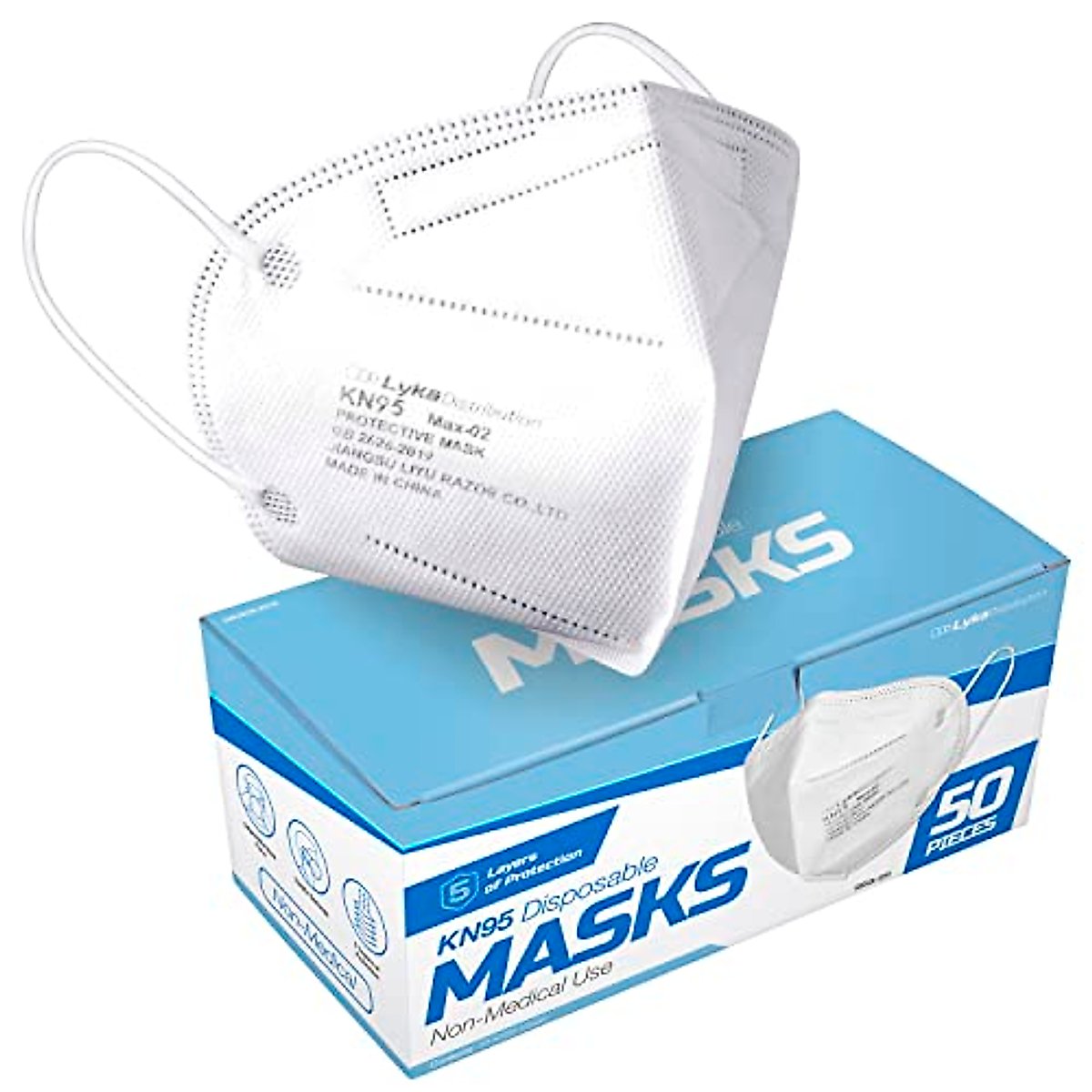 Lyka Distribution KN95 Face Masks - 50 Pack - 5 Layer Protection Breathable Face Mask - Filtration>95% with Comfortable Elastic Ear Loop | Non-Woven Polypropylene Fabric