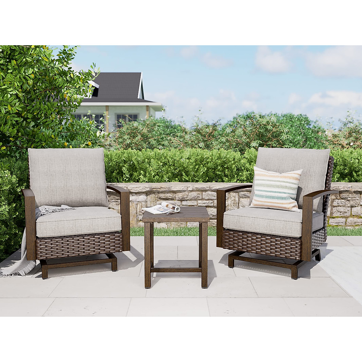 Grand patio Outdoor 3-Piece Aluminum Conversation Furniture Sofa Set Wicker Stationary Rockers with Wood Grain Finish and Coffee Table, Removable Olefin Cushion Dark Brown