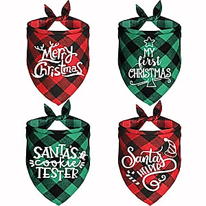 JOTFA 4 Pack Christmas Dog Bandanas, Holiday Christmas Plaid Dog Puppy Bandana Scarf Christmas Dog Costume for Small Medium Large Dogs Pets (2 Red and 2 Green, Plaid)
