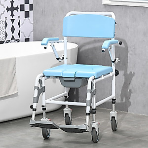 HOMCOM Accessibility Commode Wheelchair, Rolling Shower Wheelchair with 4 Castor Wheels, Rectangle Detachable Bucket, & Waterproof Design, 17" Seat Width, Blue