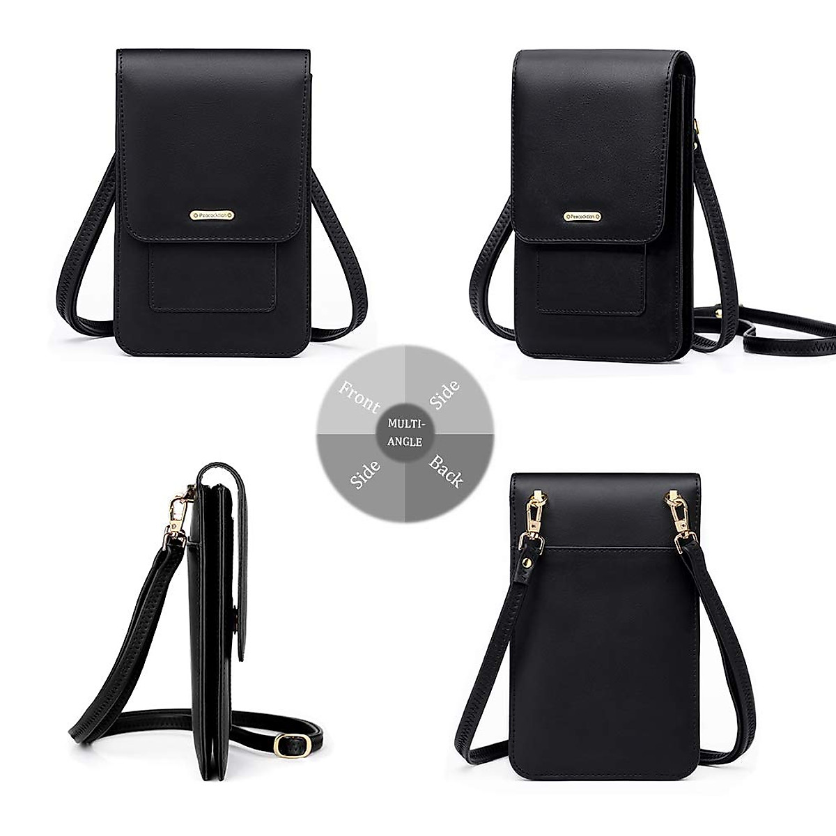 Peacocktion Small Crossbody Cell Phone Bag for Women, Leather Shoulder Bag Card Holder Phone Wallet Purse (Black)