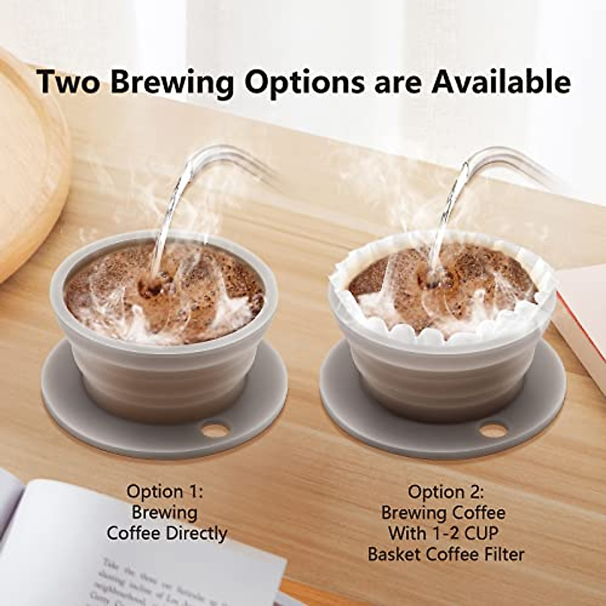 MQQFU Paperless Collapsible Pour Over Coffee Dripper, Portable Reusable Pour Over Coffee Maker with Stainless Steel Mesh Screen, Perfect for Single Cup Brewing, Travel, Camping, Home, Office (Grey)