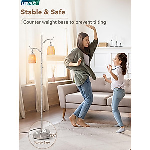 LEDAIRY Farmhouse Rustic Country Cottage Floor Lamp, Dimmable Boho Floor Lamp, Tree Trunk Faux Wood Column Standing Lamp with Wicker Drum Shade, White Washed