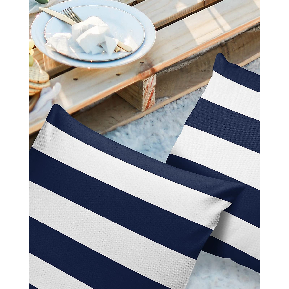 Nautical Stripe Outdoor Waterproof Throw Pillow Covers, Decorative Pillowcases Polyester Cushion Covers for Garden Patio Tent Sofa Couch Pack of 2 16x16 inch, Navy Blue White Stripes