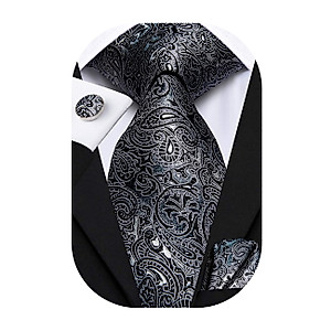 Hi-Tie Men 63inches Tie Set Extra Long Necktie Paisley Tie Pocket Suqare Cufflinks Big and Tall Men Tie,Black Grey