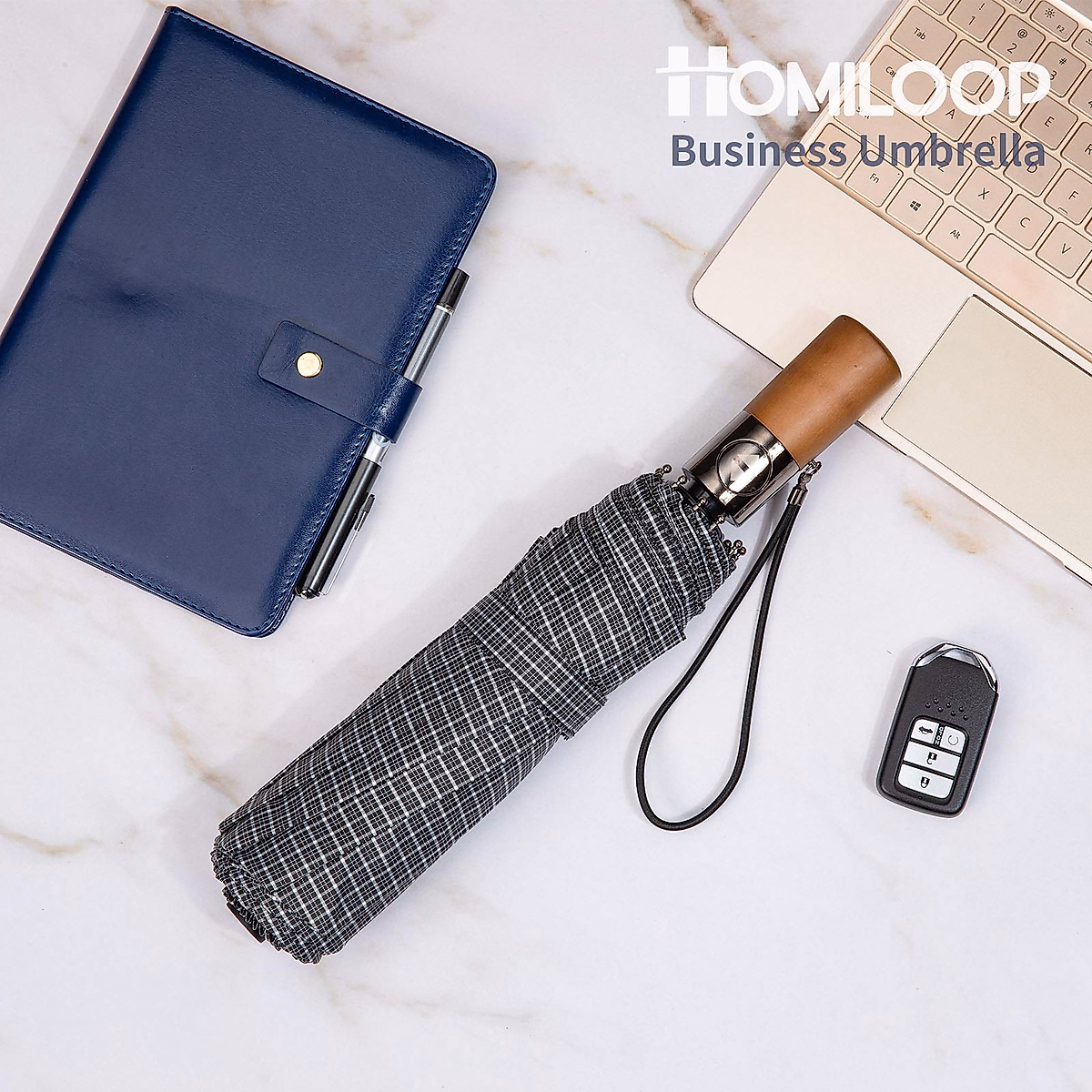 HOMILOOP Compact Folding Umbrella,10 Ribs Business Brolly,Automatic Opening,Compatible Rainy and Sunny Weathers,Vintage Plaid and Wooden Handle Parasol