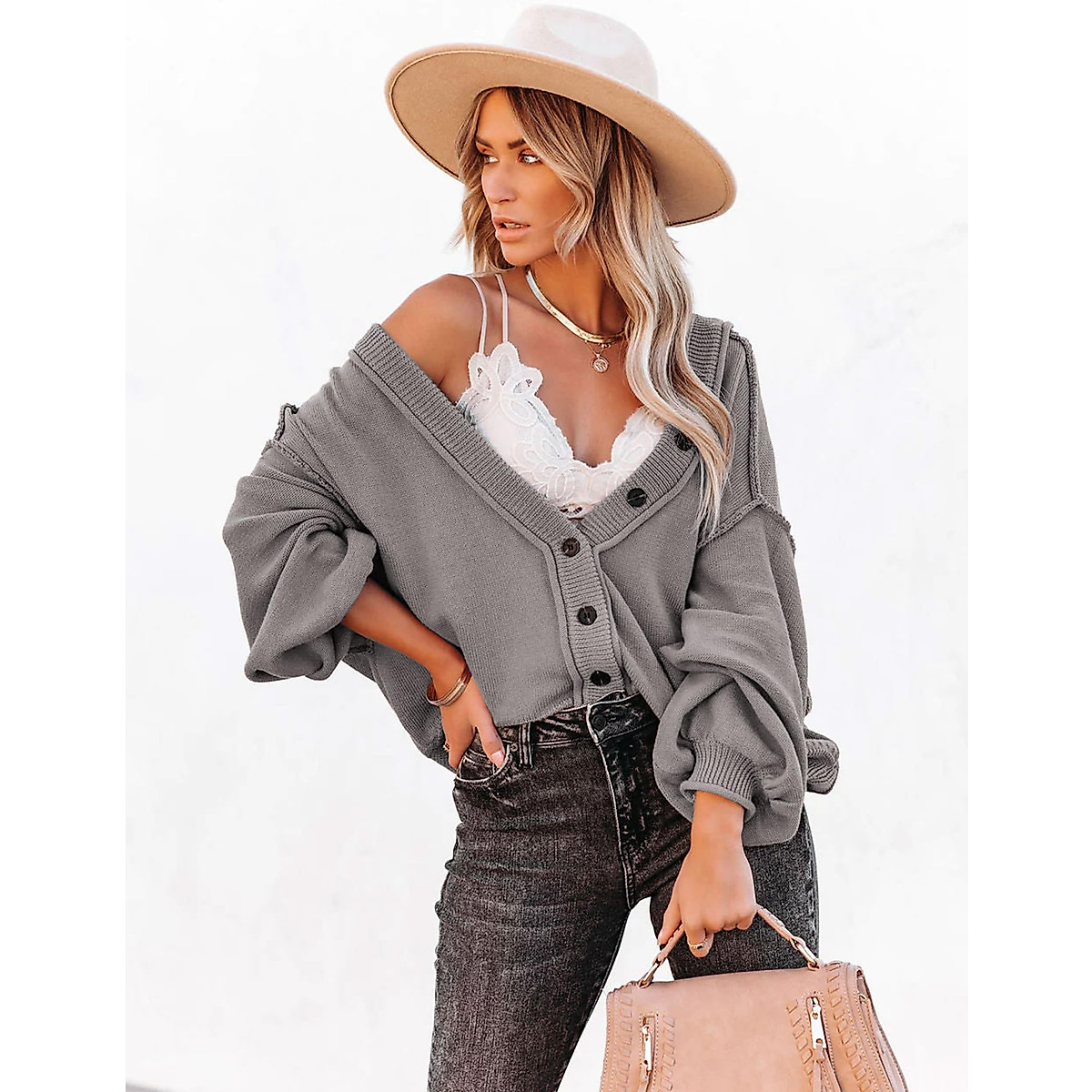 GAMISS Lantern Sleeve Cardigan Sweater for Women Oversized Cardigan Tops Button Down Trendy Tops Grey, XL