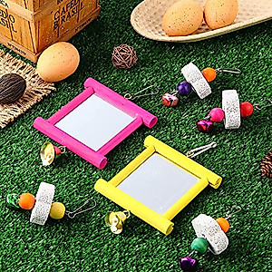 2 Pieces Chicken Mirror Toys Hanging Swing Mirror Toys with Bell Wooden Pecking Toy and 4 Pieces Beak Grinding Molar Stones for Hens Birds Parrots