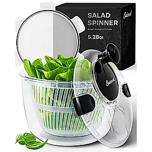Joined Large Salad Spinner with Storage Lid, Drain, Bowl, and Colander - Quick and Easy Multi-Use Lettuce Spinner, Vegetable Dryer, Fruit Washer, Pasta and Fries Spinner - 5.28 Qt