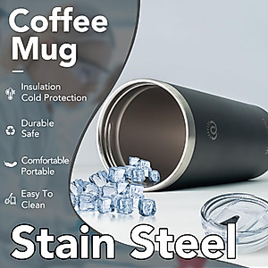 Wavetopia Insulated Coffee Mug with Lid, Reusable Stainless Steel Travel Coffee Cup, 16 Oz Double Wall Vacuum Spill Proof Tumbler Cups for Men and Women Hot & Cold Drinks（Black）