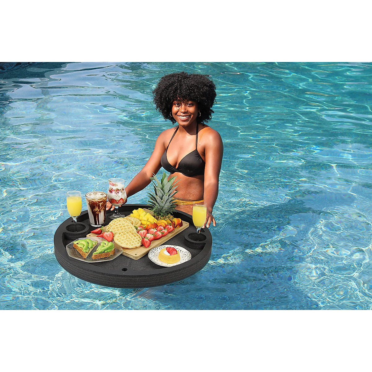 Polar Whale Floating Breakfast Table Serving Buffet Round Tray Drink Holders for Swimming Pool or Beach Party Float Lounge Refreshment Durable Black Foam UV Resistant with Cup Holders 24 Inches Wide