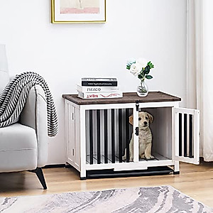 MCombo Wooden Dog Crate Furniture, Portable Foldable Dog Kennel End Table, Solid Wood Indoor Cage with Tray (Small, White and Brown)