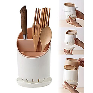 spolis Kitchen Utensil Holders Cutlery Drying Rack for Counter with Catch Pan and Drain Hole, Anti Tilting Kitchen Silverware Drainer Basket Sink Caddy for Forks, Knives, Spoons, Chopsticks-Pink
