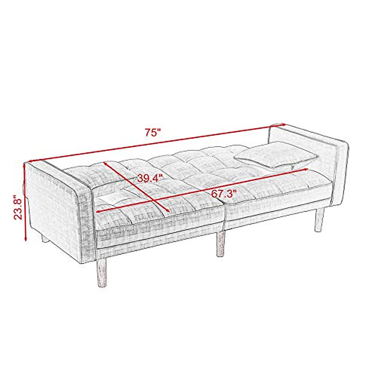 Modern Futon Sofa Bed, 75" Convertible Sleeper Sofa with Armrests and Guests w/ 2 Pillows, Recliner Couch with 5 Solid Wooden Legs, Twin Size Sofa for Living Room (Navy Blue+Fabric)