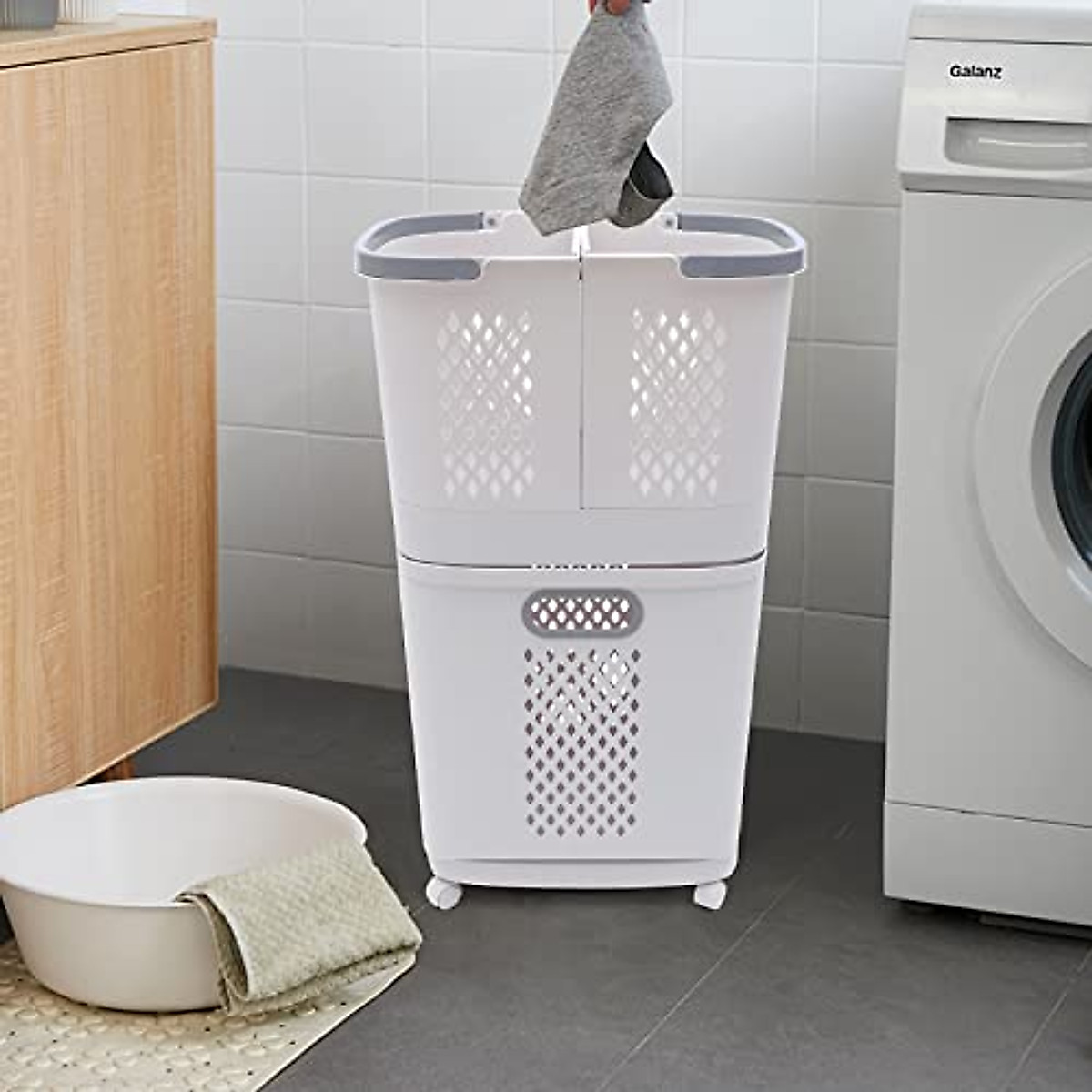 2 Layer Storage Basket Movable Household Laundry Basket, Floor-Standing 360° Rolling Large Laundry Basket, Multi-layerClothes Organizer Basket for Kitchen,living Room and Bathroom (2 Layer)