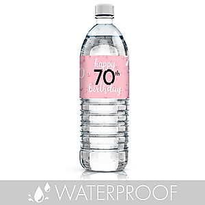 Pink, Black, and White 70th Birthday Party Water Bottle Labels - 24 Waterproof Wrappers, 70th Birthday Decorations for Women