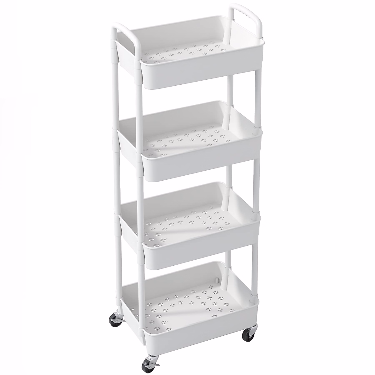 Sywhitta 4-Tier Plastic Rolling Utility Cart with Handle, Multi-Functional Storage Trolley for Office, Living Room, Kitchen, Movable Storage Organizer with Wheels, White