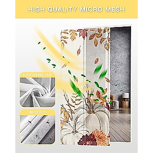 OComster Thanksgiving Magnetic Screen Door, Grey Pumpkin Orange Leaves Bulap Fall Hands Free Screen Mesh Size 38'' x 83'', Reinforce Heavy Duty Mesh Screen Doors for Patio/Front/Sliding Door