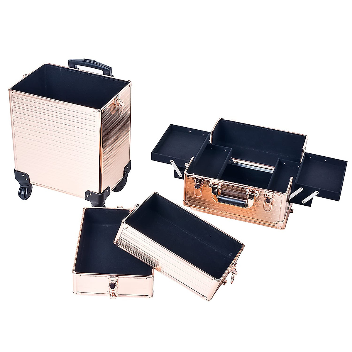 Channcase 4 in 1 Portable Traveling Aluminum Professional Makeup Trolley Cart with Multiple-Sized Compartments and Wheels, Rose Gold