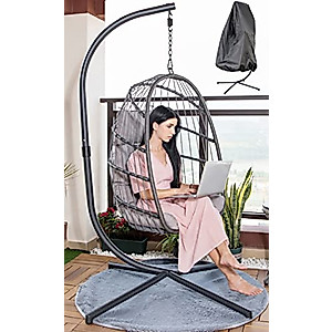 MOJIA Egg Chair with Stand and Oxford Cover, 450lbs Capacity Patio Wicker Hanging Swing Chair Indoor Outdoor with UV Resistant Cushion and Foldable Seat Basket