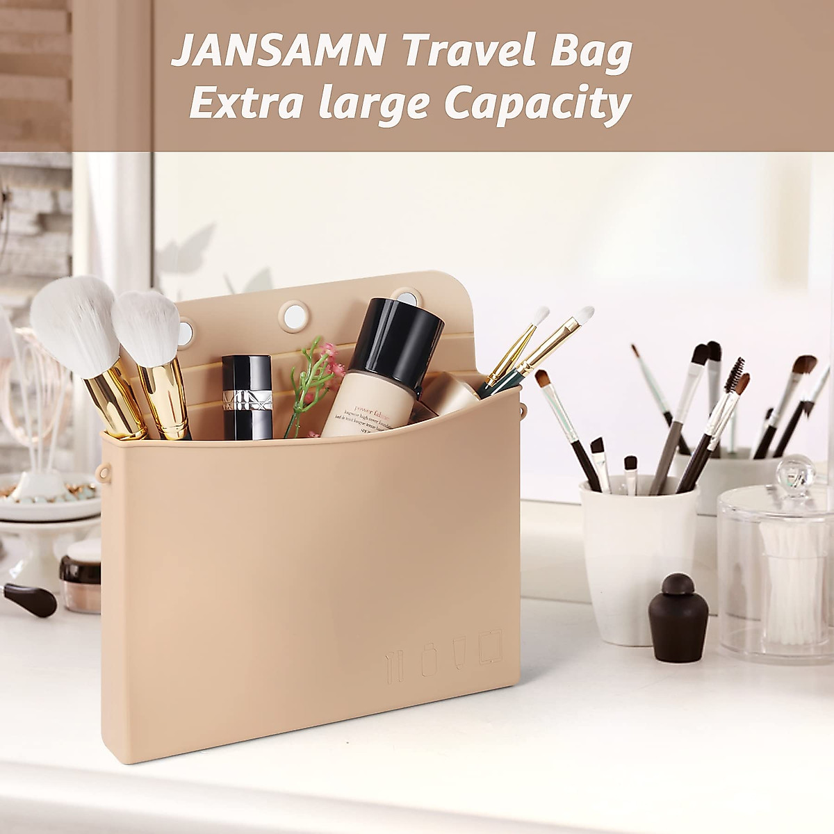 JANSAMN Makeup Travel Bag Cosmetic Bag, Toiletry Bags for Traveling, Silicone Waterproof Brushes Bags for Women, Portable Clear Makeup Bags for Girls（Khaki）
