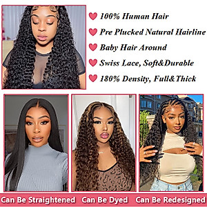 Water Wave Lace Front Wigs Human Hair Wigs for Black Women 13x4 Lace Front Wigs Human Hair Pre Plucked with Baby Hair Wet and Wavy HD Lace Frontal Wigs 180% Density Natural Color 28inch