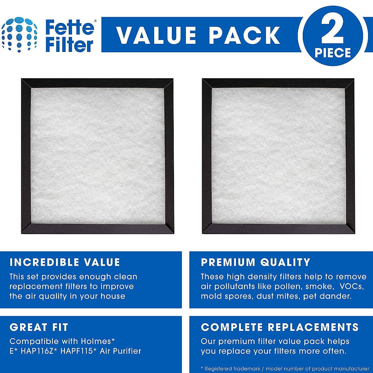 Fette Filter -Replacement Filters Compatible with Holmes Filter E Activated Carbon & Multi Layer Replacement Filter, Compatible with Holmes E HAP116Z, HAPF115 Air Purifier Models - Pack of 2