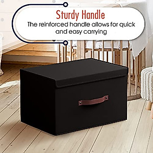 Ornavo Home Foldable Collapsible XLarge Storage Box Bins Linen Fabric Shelf Basket Cube Organizer with Leather Handles and Lid - Set of 3 - 16.5 x 11.8 x 7.5 - Black