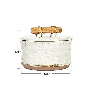 Bloomingville 6.75 Round Stoneware Lid and Pine Wood and Jute Handle in Reactive Glaze, Beige Canister
