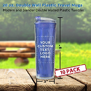Personalized 20 oz. Double Wall Plastic Travel Mugs - 10 Pack - Custom Text, Logo - Blue