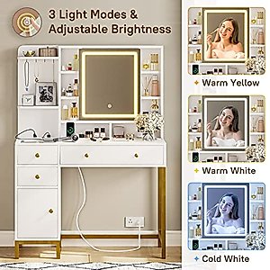 Makeup Vanity with Lights, Vanity Desk with Openable Mirror & 3-Color Dimmable, White Vanity Table with Charging Station, Makeup Desk with Visual Drawer, Hooks, Hidden and Open Storage Shelves
